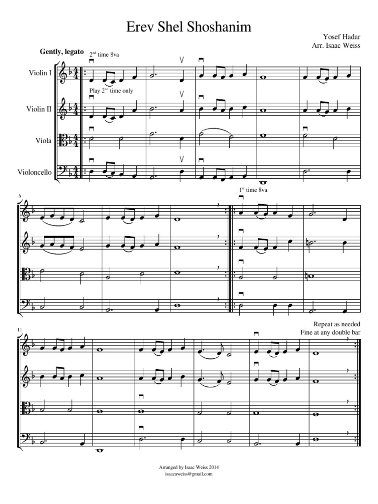 Erev Shel Shoshanim - For String Quartet PDF | PDF | Gaiaphones ...