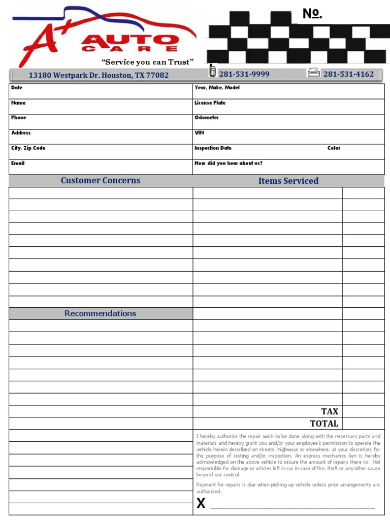Auto Repair Customer Info Sheet | PDF