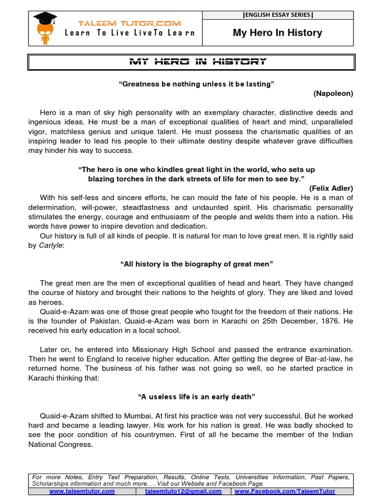 My Hero in History Essay English Taleem Tutor | PDF | Muhammad Ali Jinnah