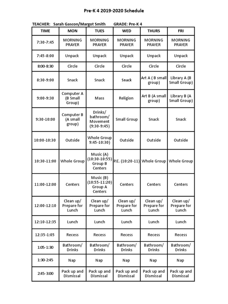Pre-K 4 2019-2020 Schedule: TEACHER: Sarah Gascon/Margot Smith GRADE: Pre-K 4 Time MON Tues WED ...
