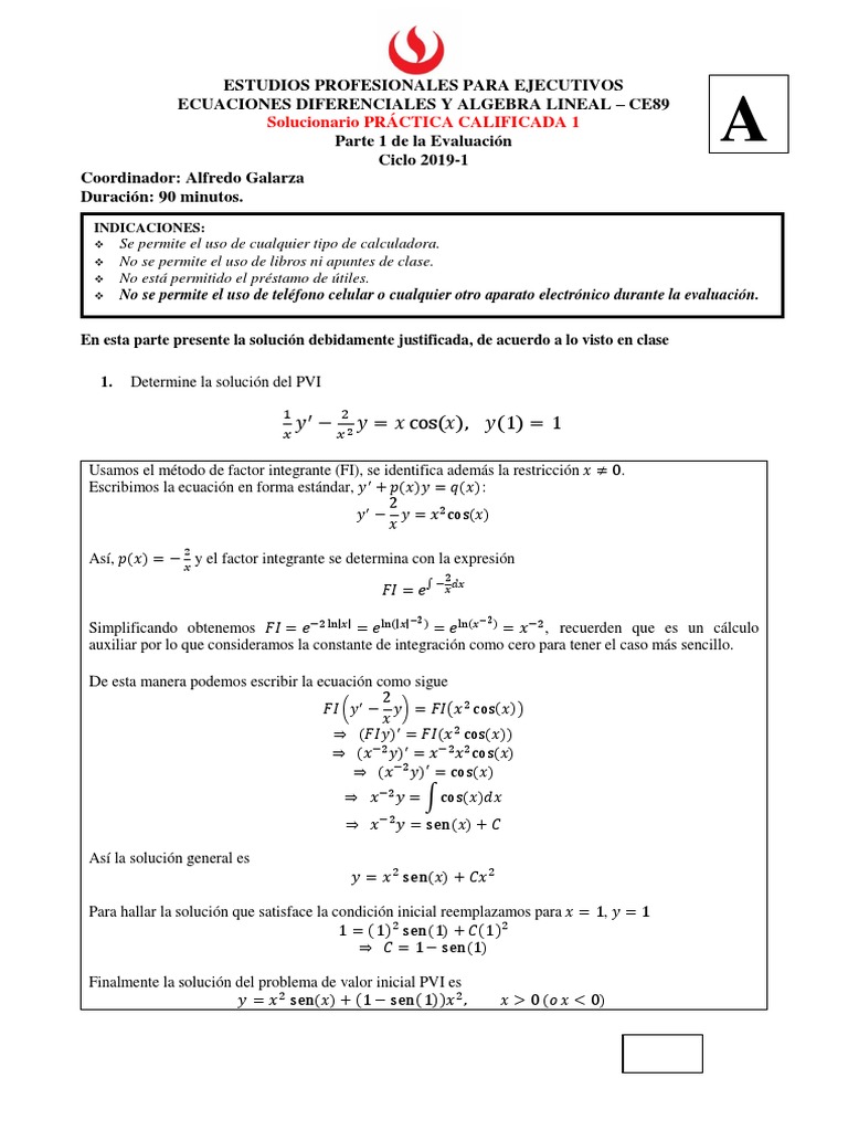 CE89 Solucionario - PC1-Parte 1-OpcionA 2019-1 | PDF | Ecuaciones diferenciales | Ecuaciones
