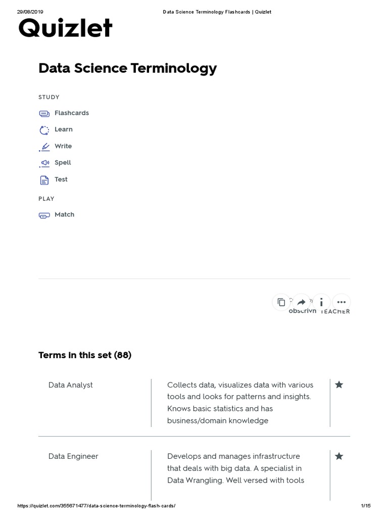 Data Science Terminology Flashcards | PDF | Data Analysis | Percentile