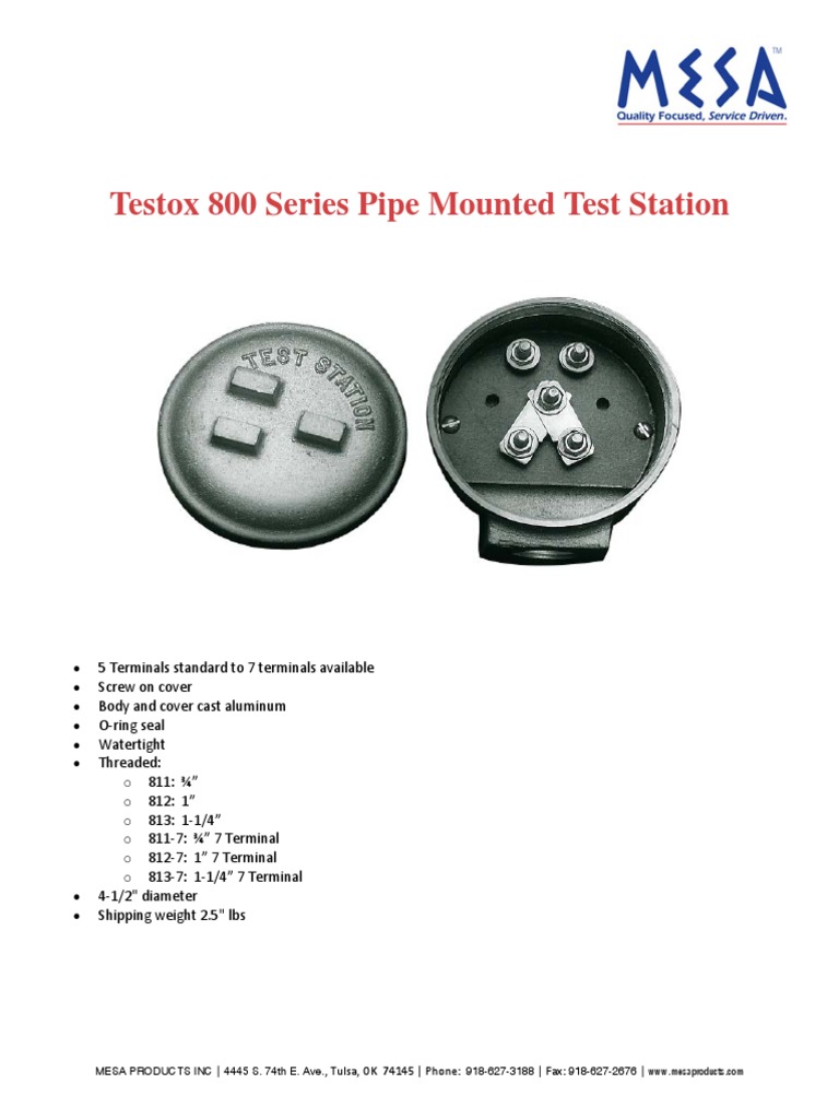 Testox 800 Series Pipe Mounted Test Station: o o o o o o | PDF