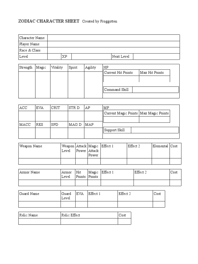 ZODIAC Character Sheet (Table Version) | PDF | Video Games | Fantasy Games