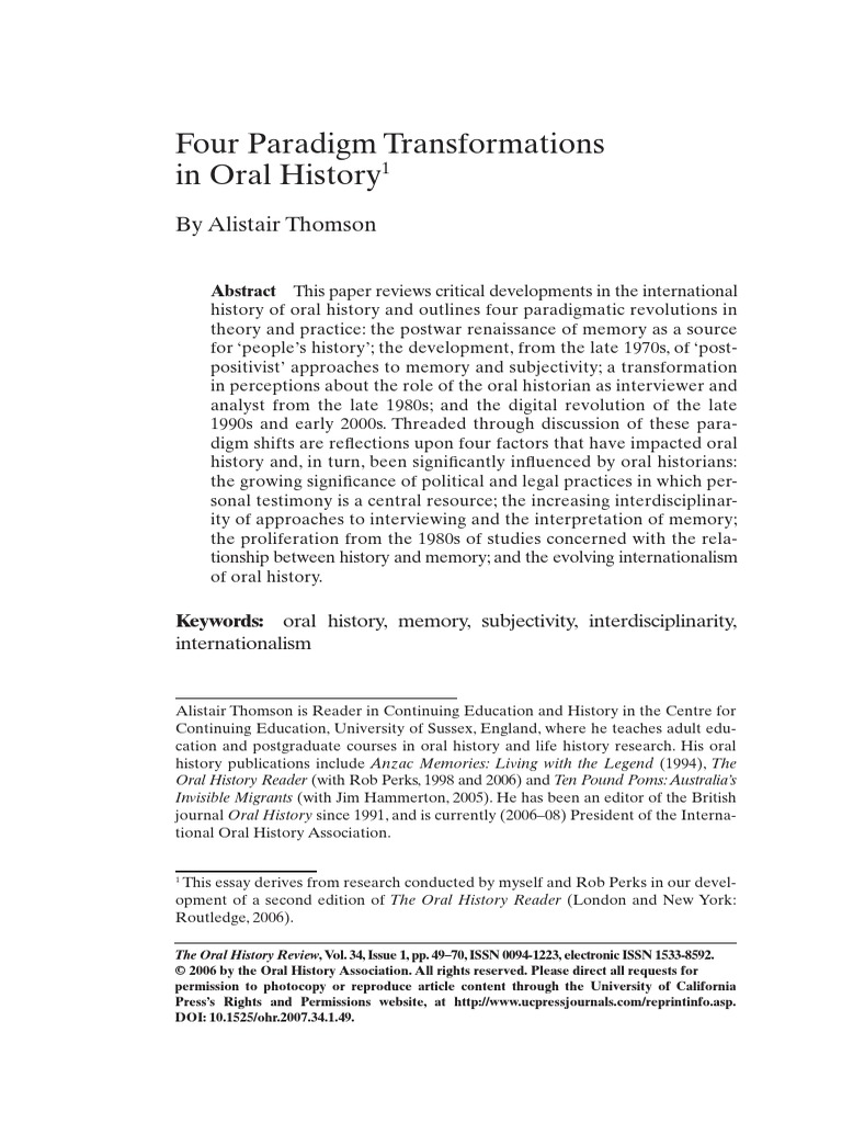Four Paradigm Transformations in Oral History | PDF | Oral History ...