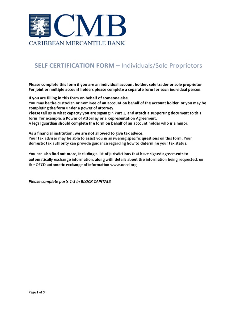 CMB Self-Certification Form For Personal Account Holders September 27 ...