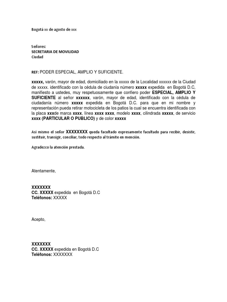 PODER ESPECIAL, AMPLIO Y SUFICIENTE PARA Secretaria de Movilidad Modelo ...