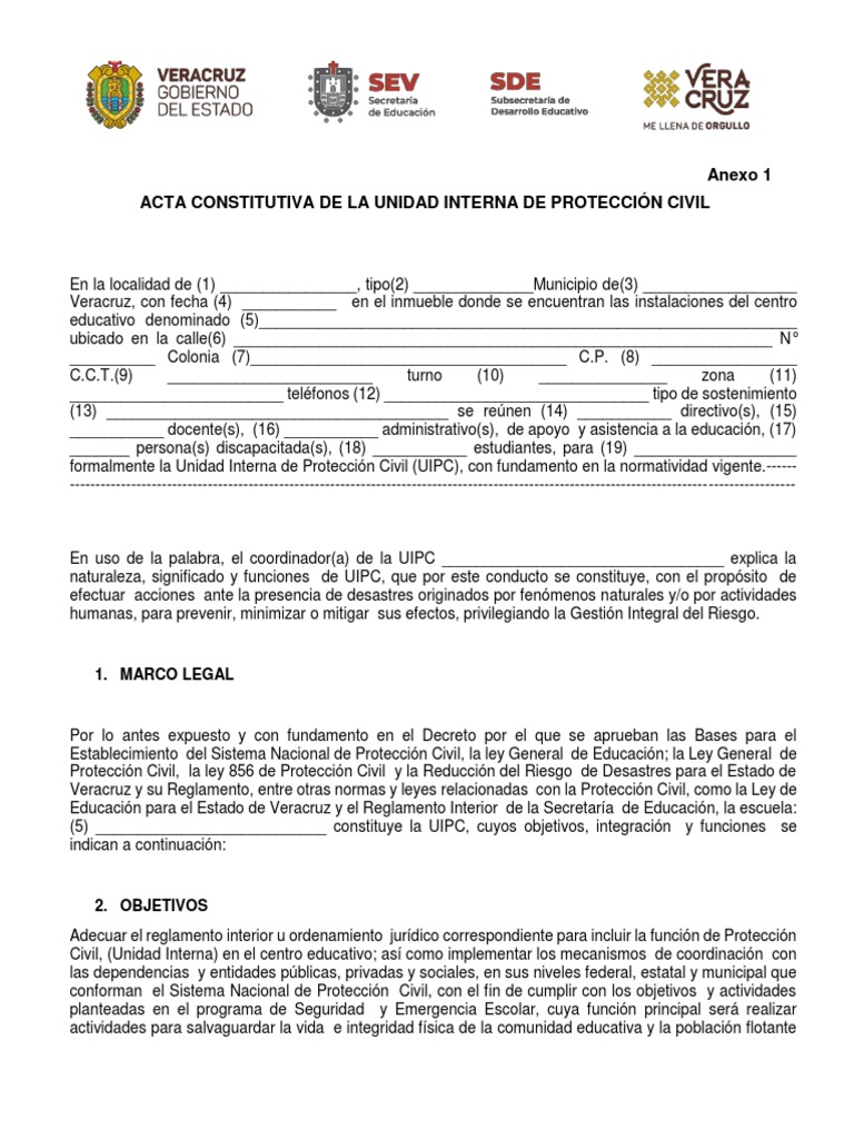Anexo 1 Acta Constitutiva de La Unidad Interna de Protección Civil | Institución