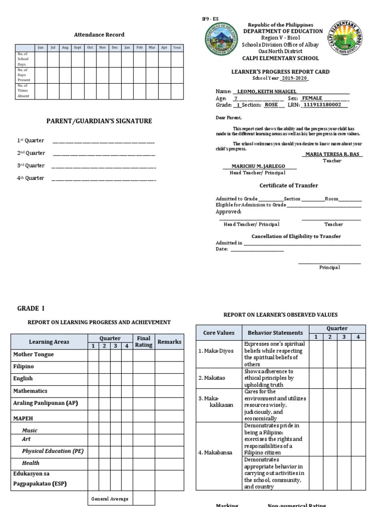 Parent/Guardian'S Signature: Attendance Record Department of Education ...
