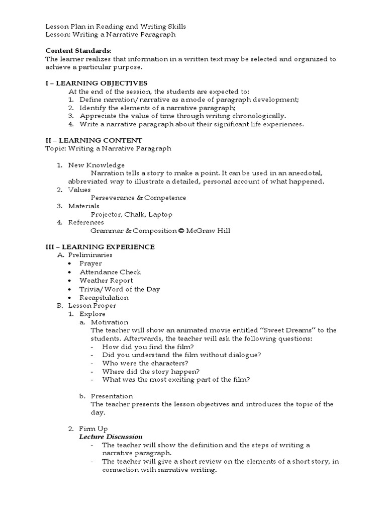 Narrative Writing Lesson Plan | PDF | Narrative | Narration