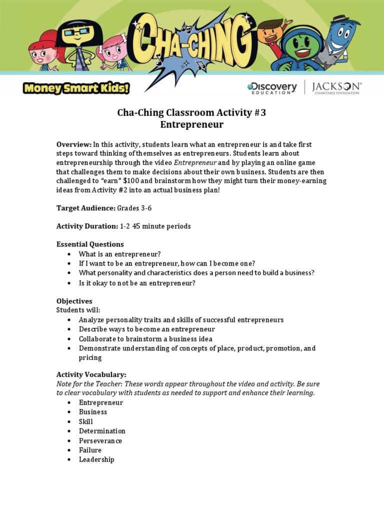 Entrepreneur Classroom Activity Guide | PDF | Entrepreneurship | Income