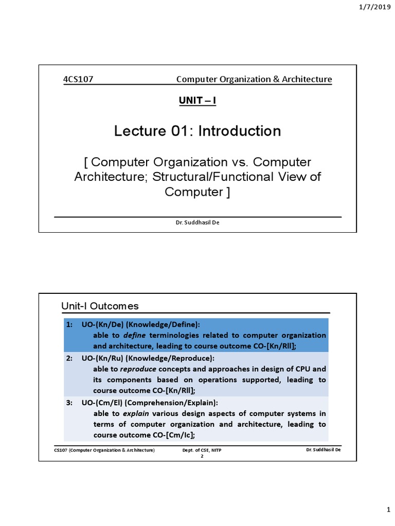 Lecture 01: Introduction: (Computer Organization vs. Computer Architecture Structural/Functional ...