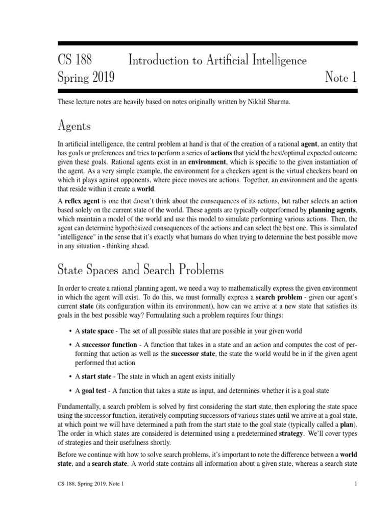 CS 188 Introduction To Artificial Intelligence Spring 2019 Note 1 | PDF ...