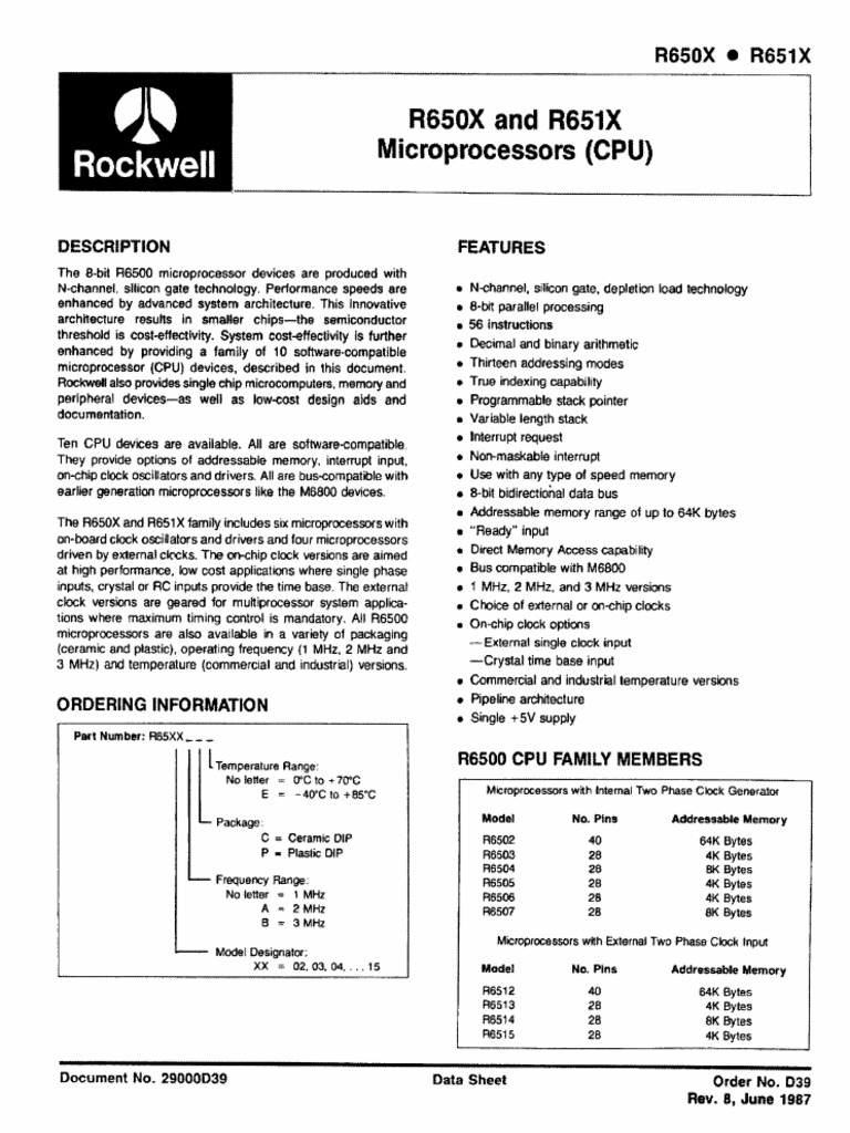 6502 Processor Data Sheet | PDF