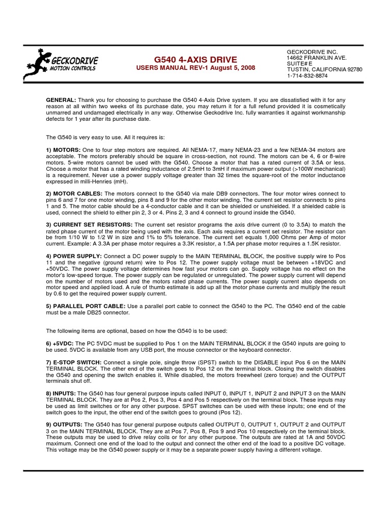 g540 Manual Rev1 | PDF | Power Supply | Electric Motor