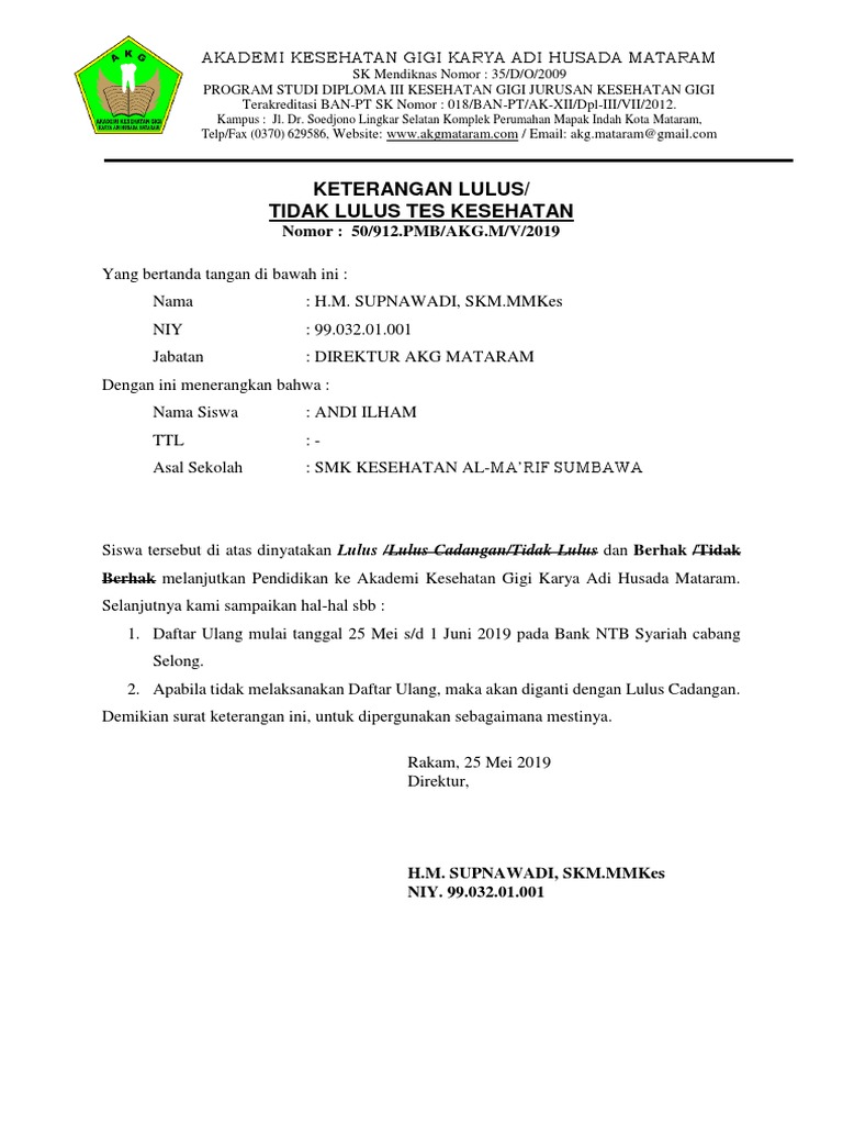 Surat Keterangan Lulus Akg | PDF