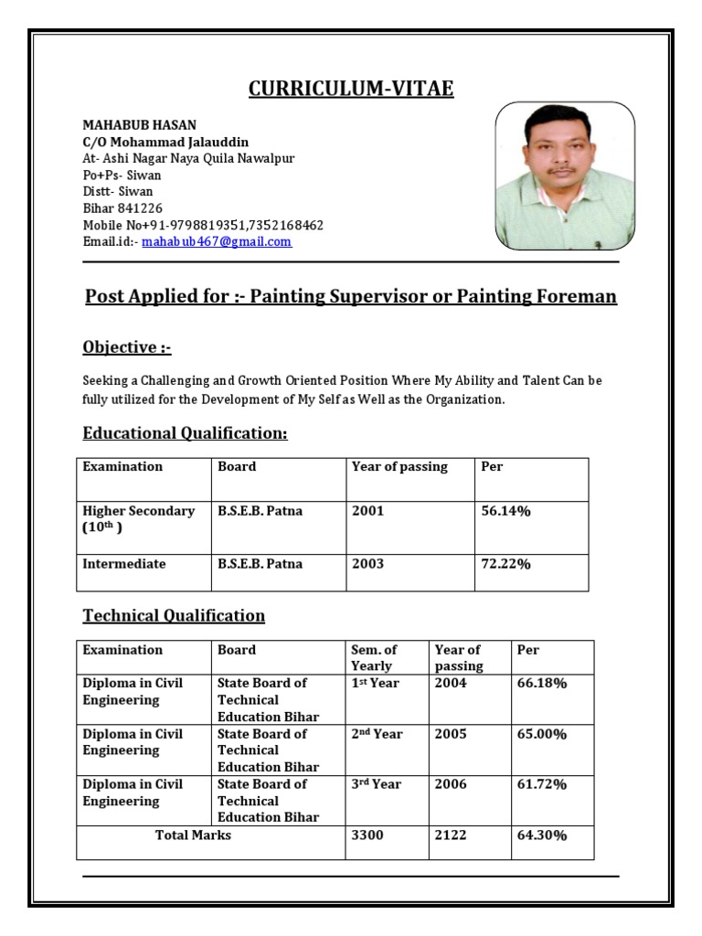 Curriculum-Vitae: Post Applied For:-Painting Supervisor or Painting ...