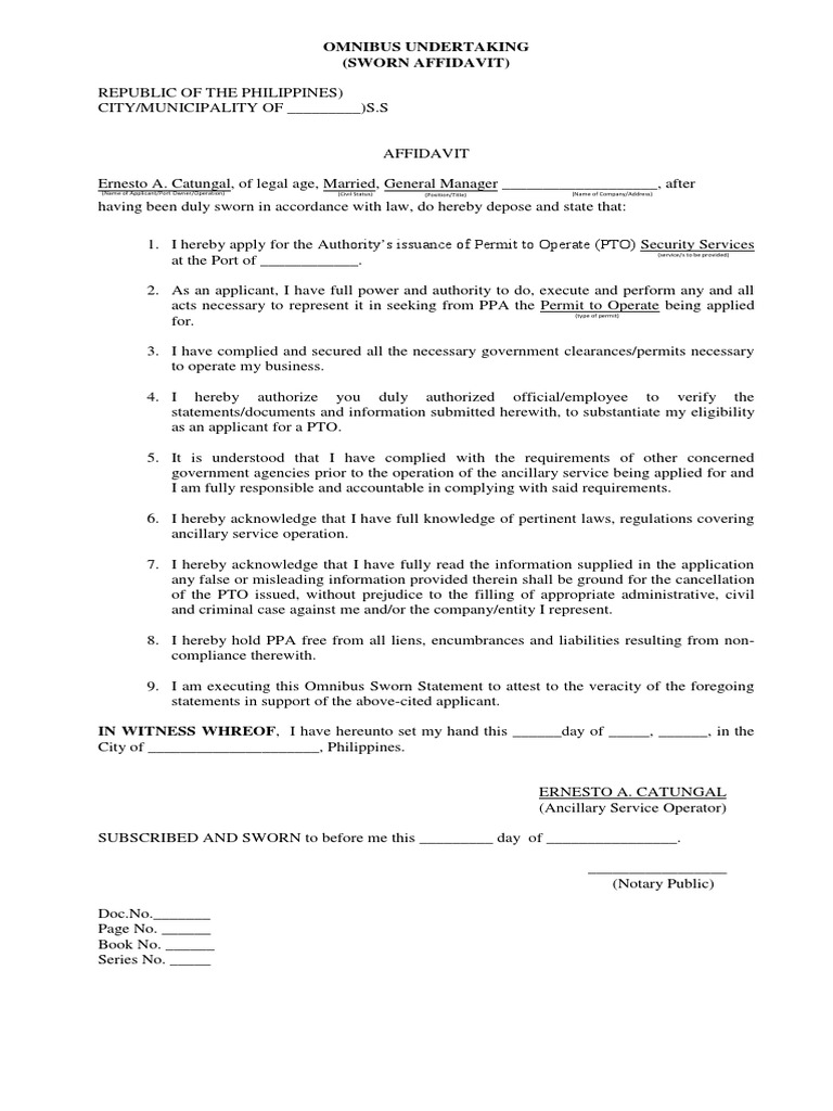 Omnibus Undertaking | Affidavit | Common Law