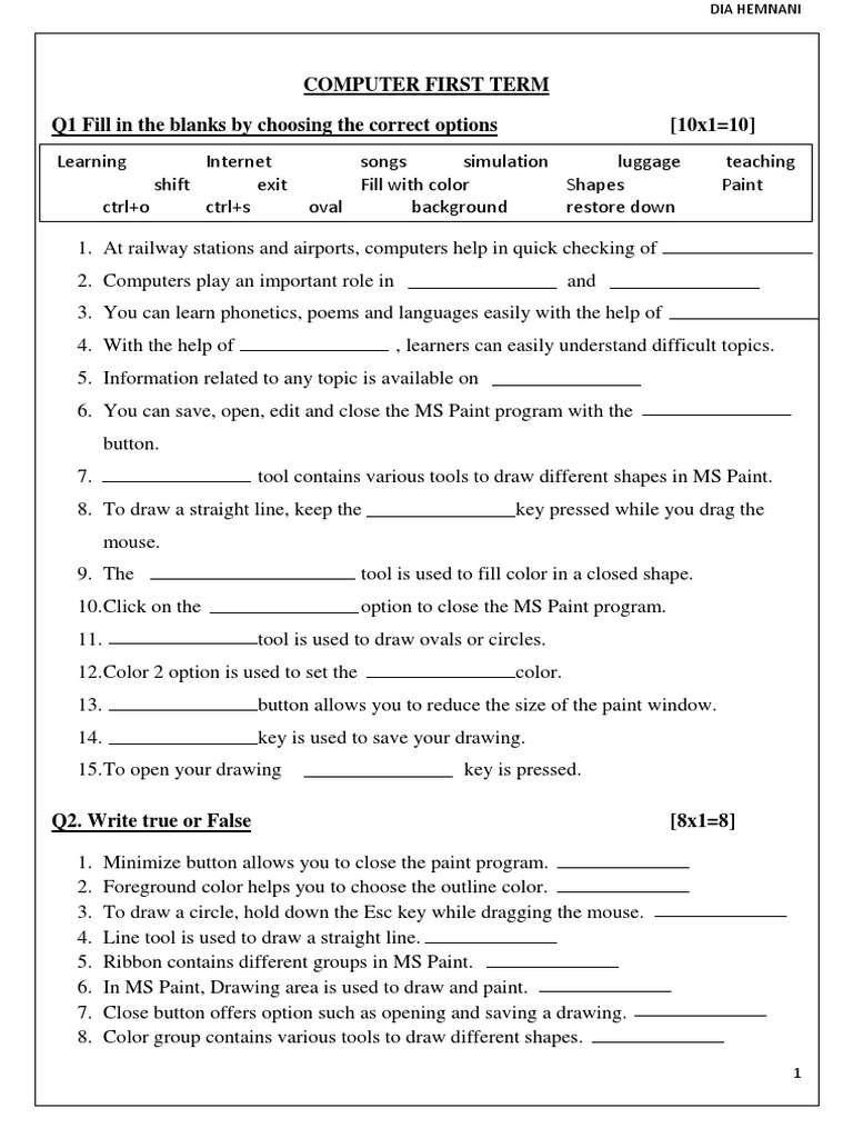 Computer First Term Q1 Fill in The Blanks by Choosing The Correct ...