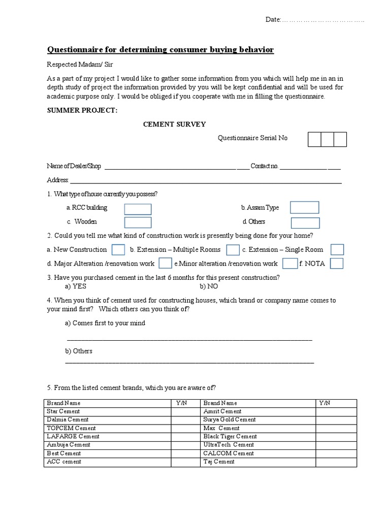 Questionnaire For Determining Consumer Buying Behavior: Summer Project ...