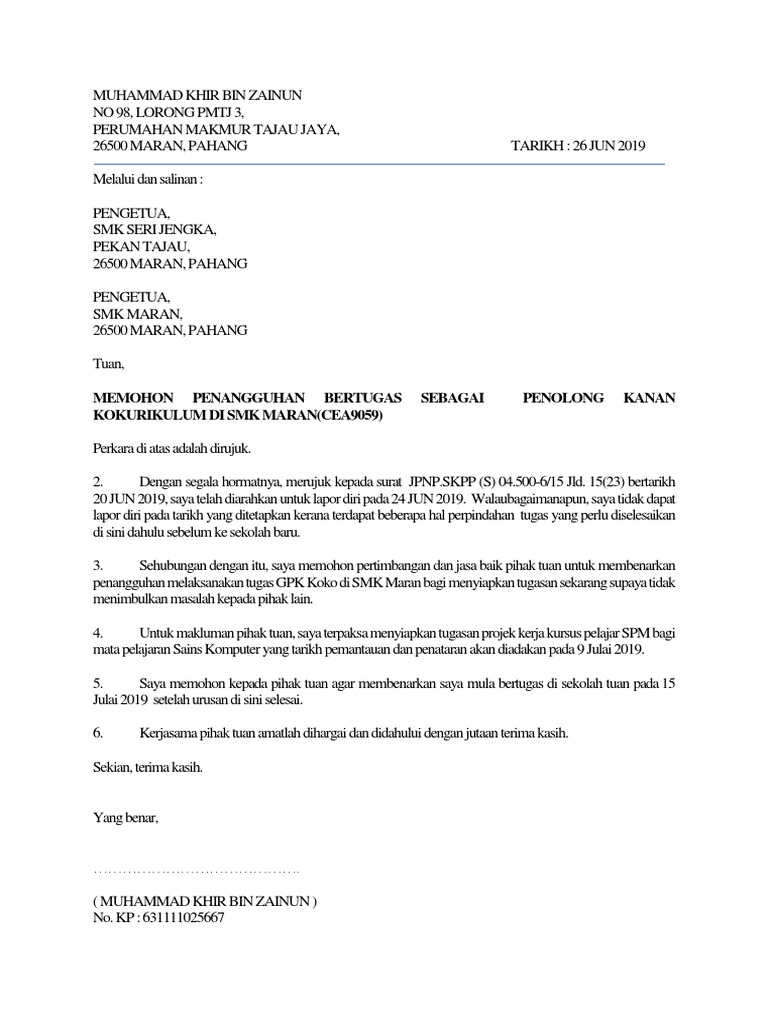 Surat Tangguh Kerja Pkko | PDF