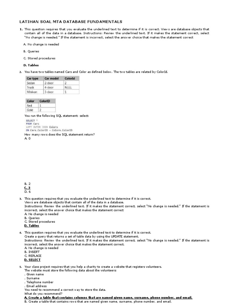LATIHAN SOAL MTA DATABASE FUNDAMENTALS - Baru PDF | PDF | Database ... LATIHAN SOAL MTA DATABASE FUNDAMENTALS - Baru PDF | PDF | Database ...