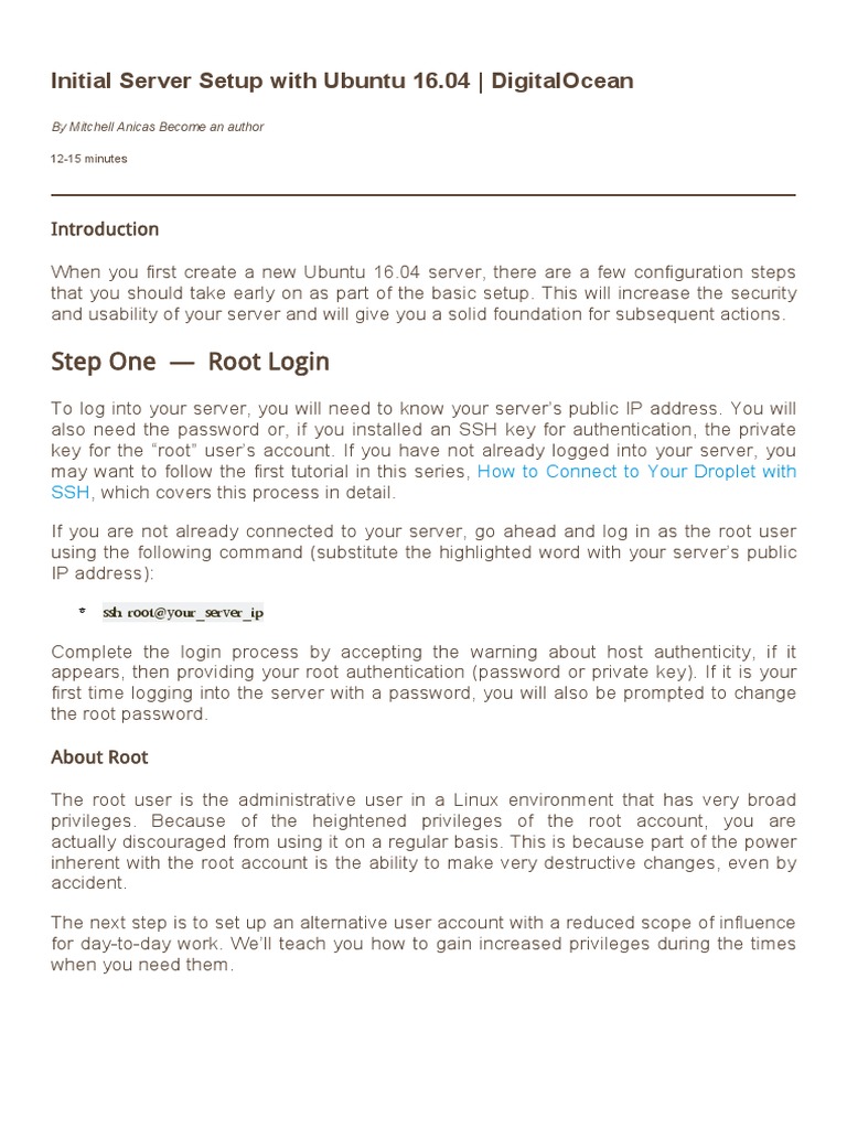 Initial Server Setup With Ubuntu 16.04 | PDF | Superuser | Secure Shell