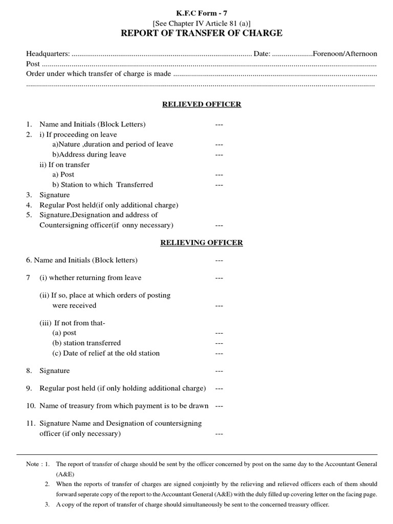 Report of Transfer of Charge: K.F.C Form - 7 | PDF | Government | Business