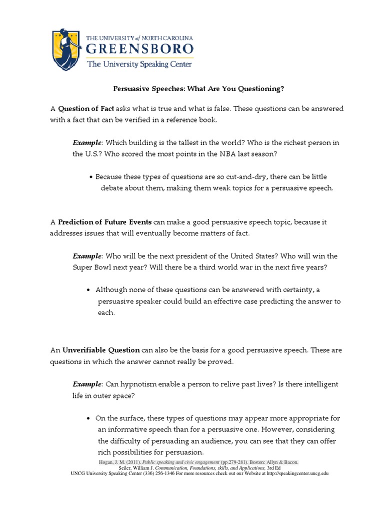 Types of Questions for Persuasive Speeches | PDF | Public Speaking ...
