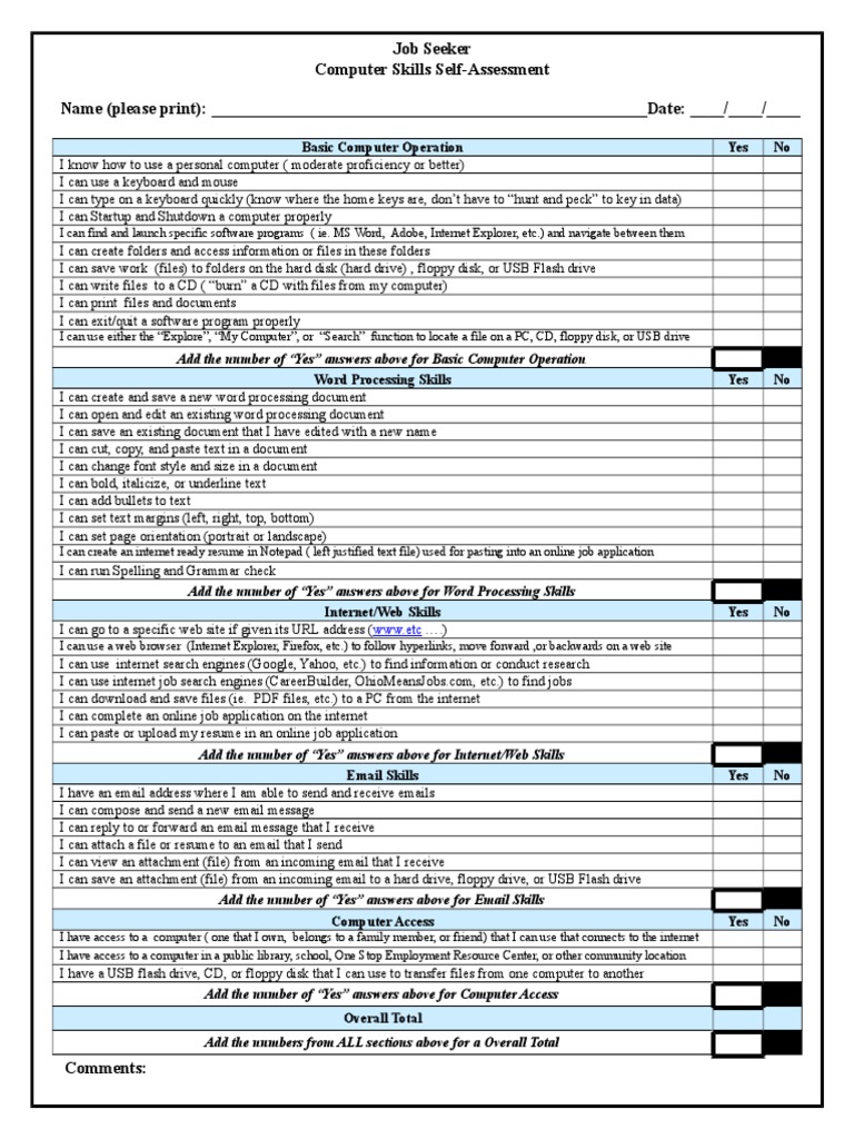 Job Seeker Computer Skills Self-Assessment Name (Please Print) : - Date ...