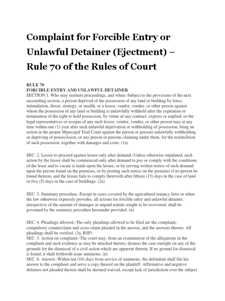 Complaint For Forcible Entry or Unlawful Detainer (Ejectment) - Rule 70 ...
