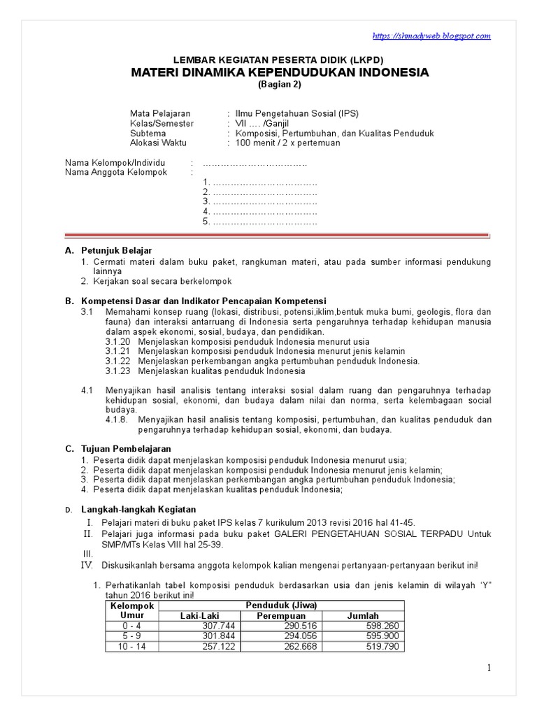 Lkpd Komposisi Pertumbuhan Dan Kualitas Penduduk Ips Kelas 7 Pdf