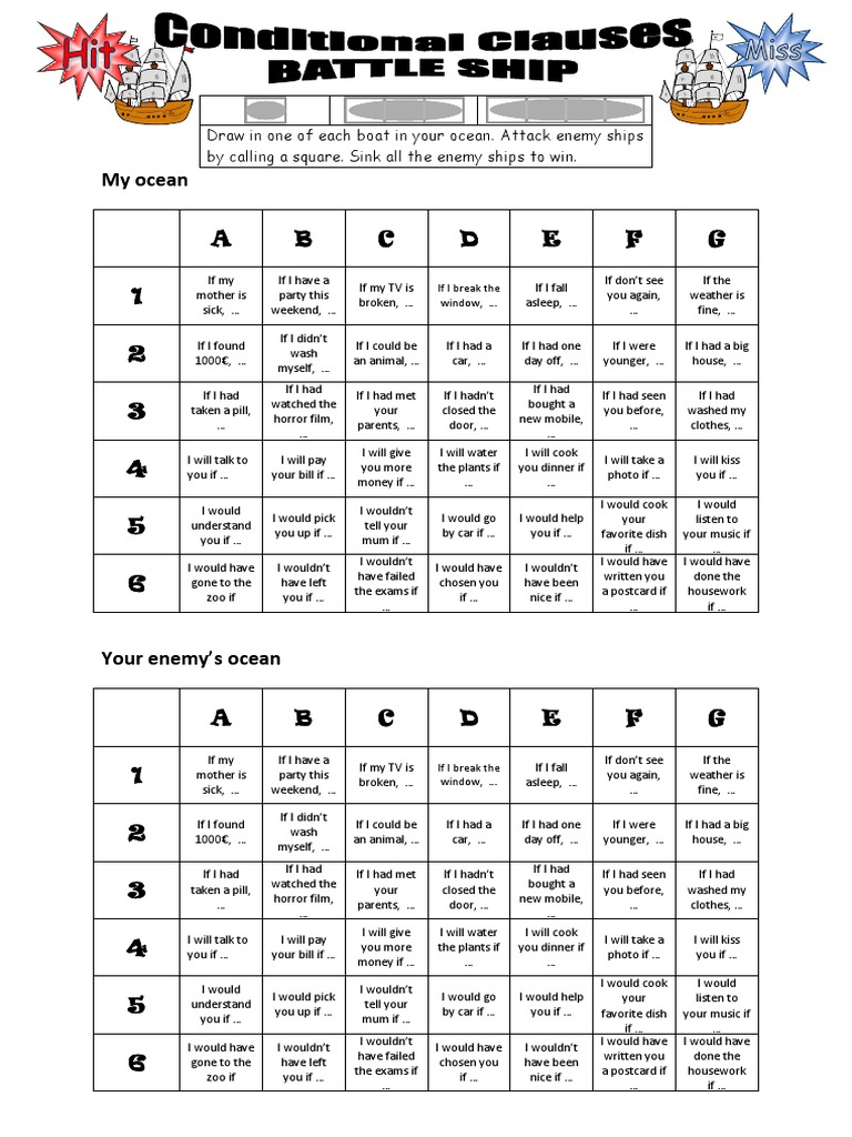 Mixed Conditionals 123 Battleship Fun Activities Games Games Grammar ...