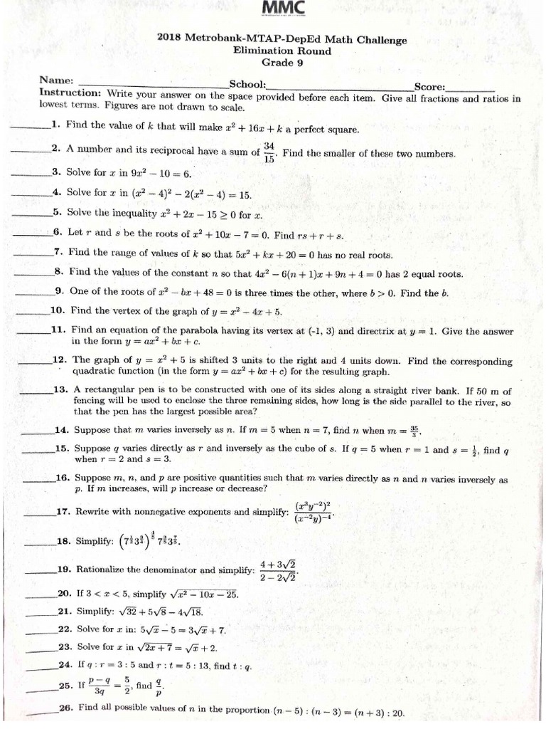 2018 Mtap Elimination Round - Grade 9 Questions With Answer Key | PDF