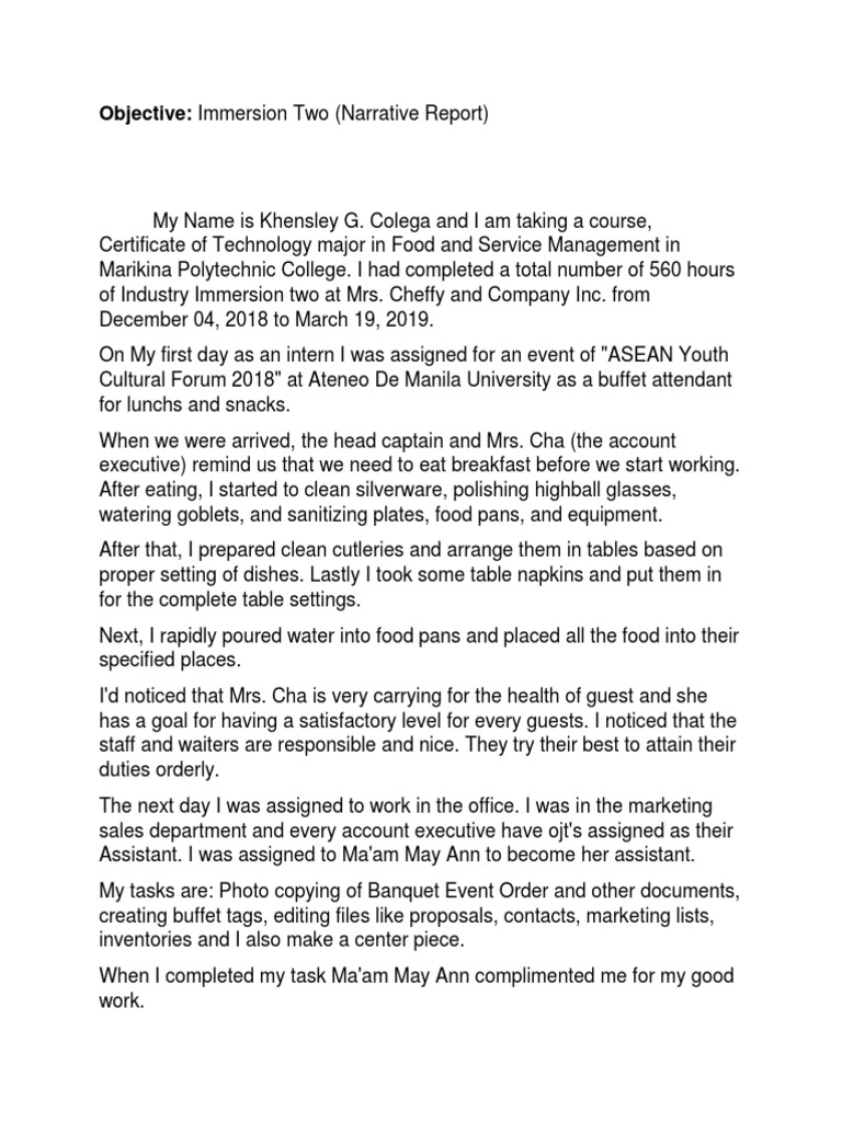 Objective: Immersion Two (Narrative Report) | PDF | Food And Drink | Foods