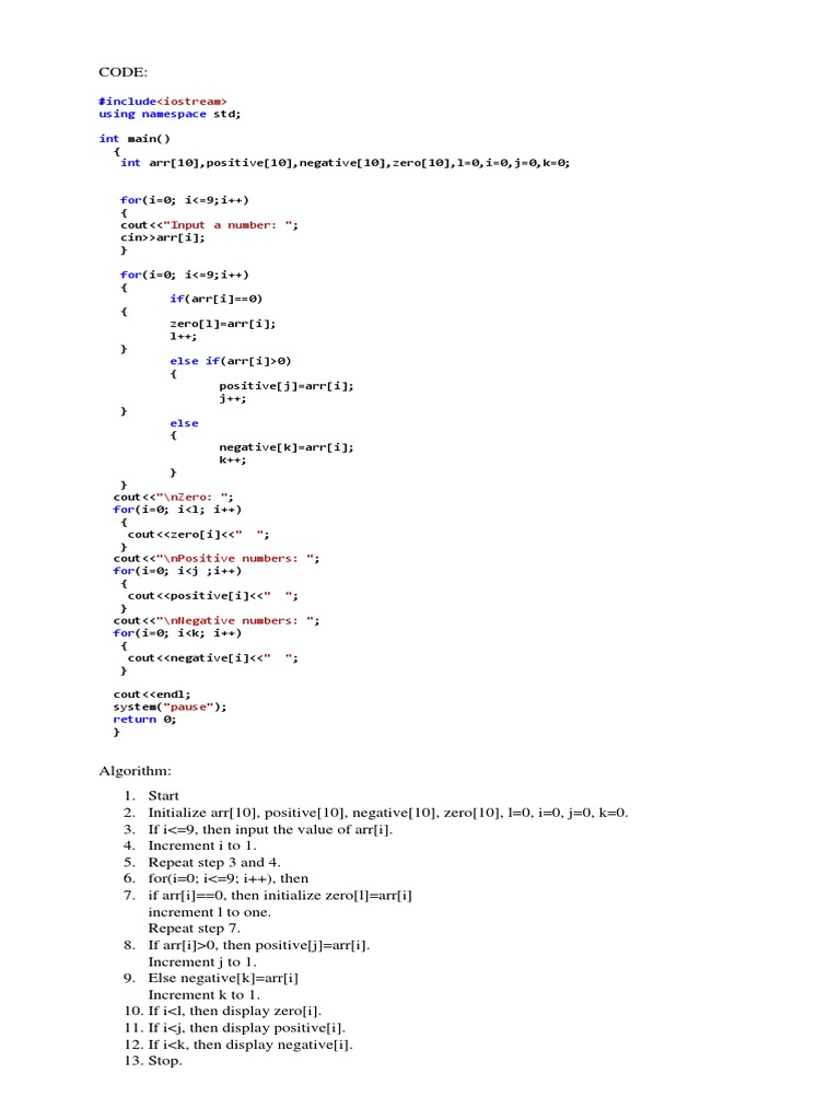 C++ Programming CODE-Algorithm-Flowchart of Positive Negative Zero ...