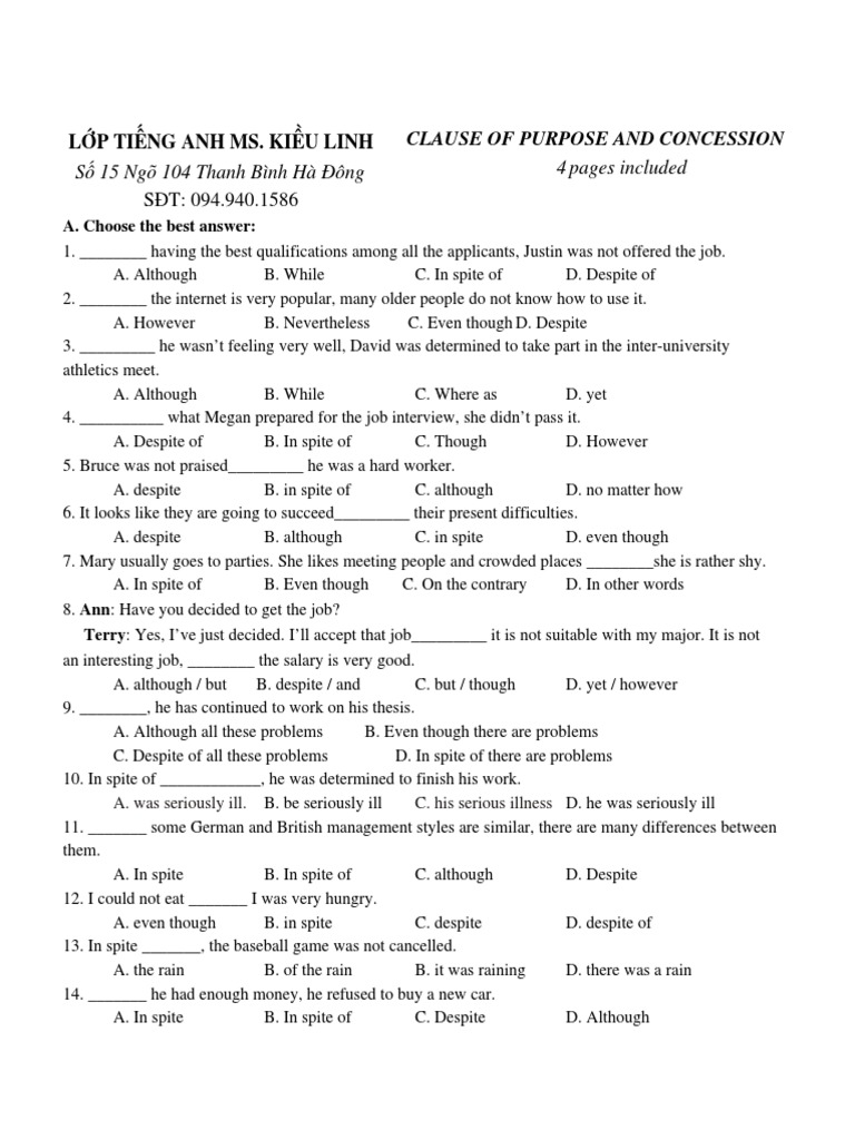 An English Lesson on Purpose and Concession Clauses: A Guide for ...
