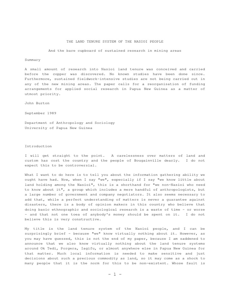 The Land Tenure System of The Nasioi People - Sep 1989 | PDF | Papua ...