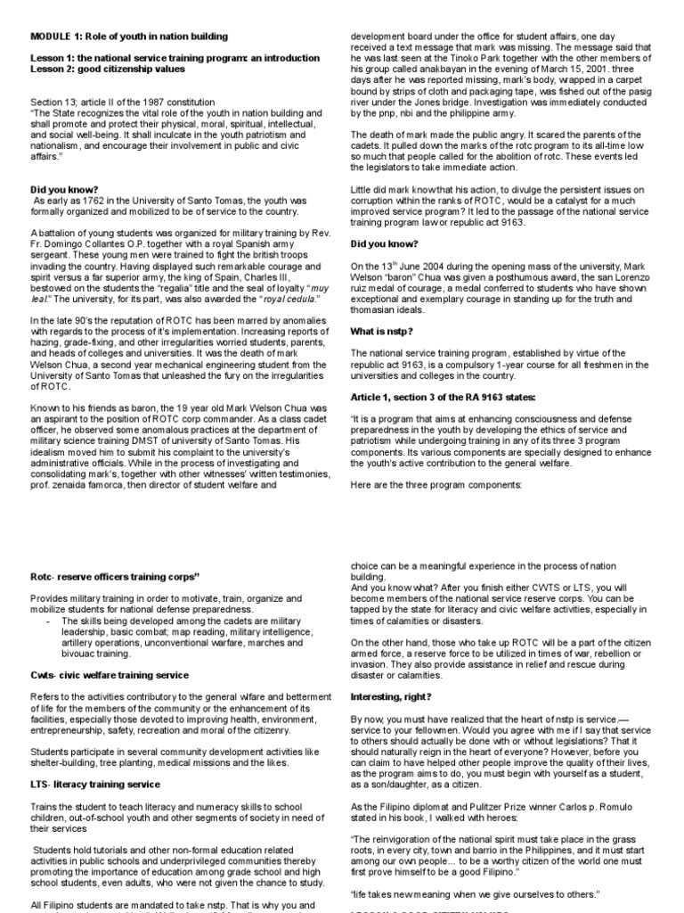 NSTP Module 1 Lesson 1 | PDF | Citizenship | Common Good