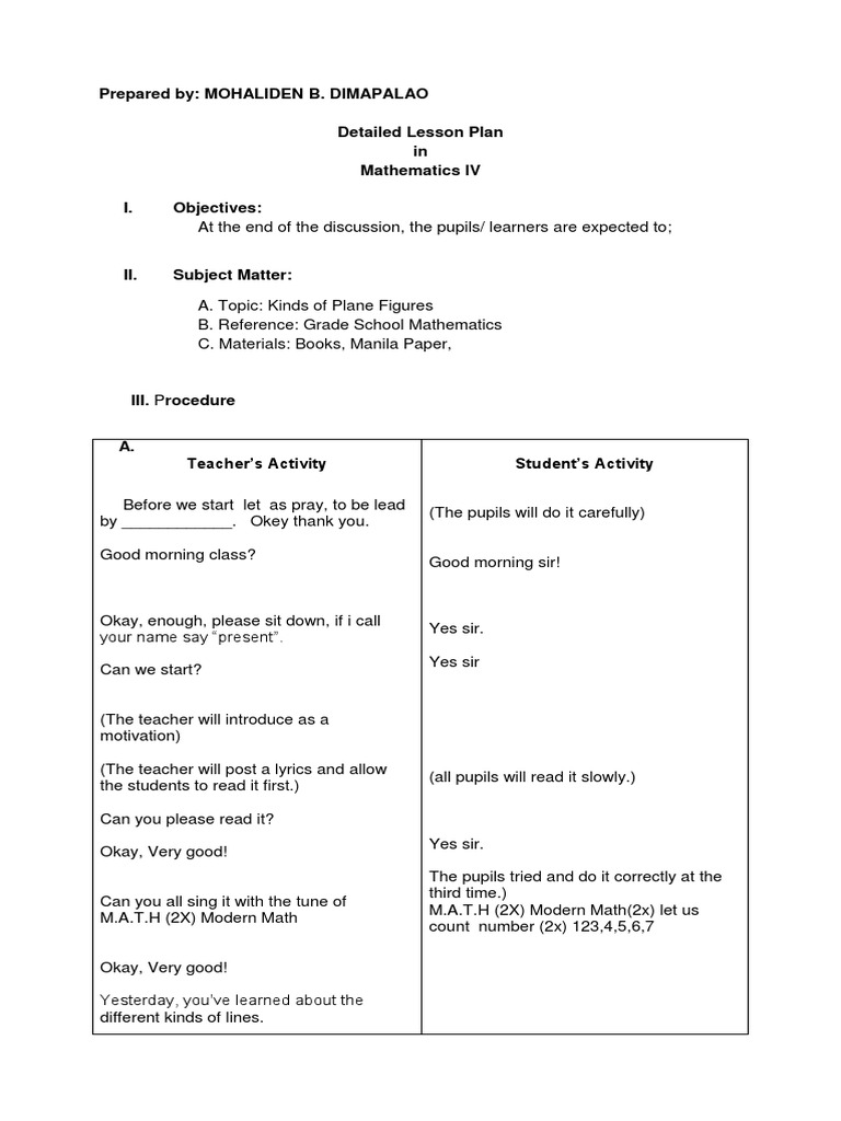 Detailed Lesson Plan in Mathematics IV Plane Figures | PDF | Rectangle ...