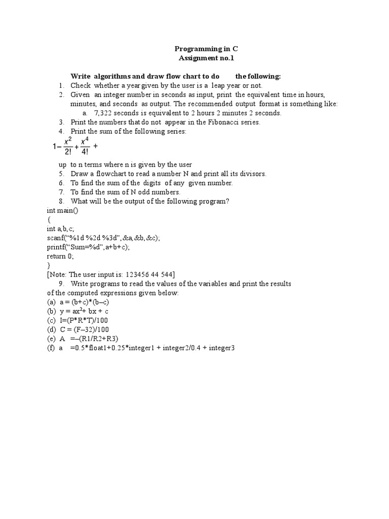 Programming in C Assignment No.1 Write Algorithms and Draw Flow Chart To Do The Following | PDF