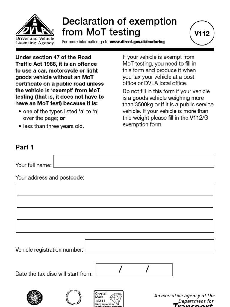 MoT Exemption Declaration Form | PDF | Tram | Vehicles