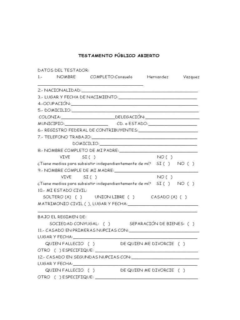 Formato de Testamento | Voluntad y testamento | Instituciones sociales