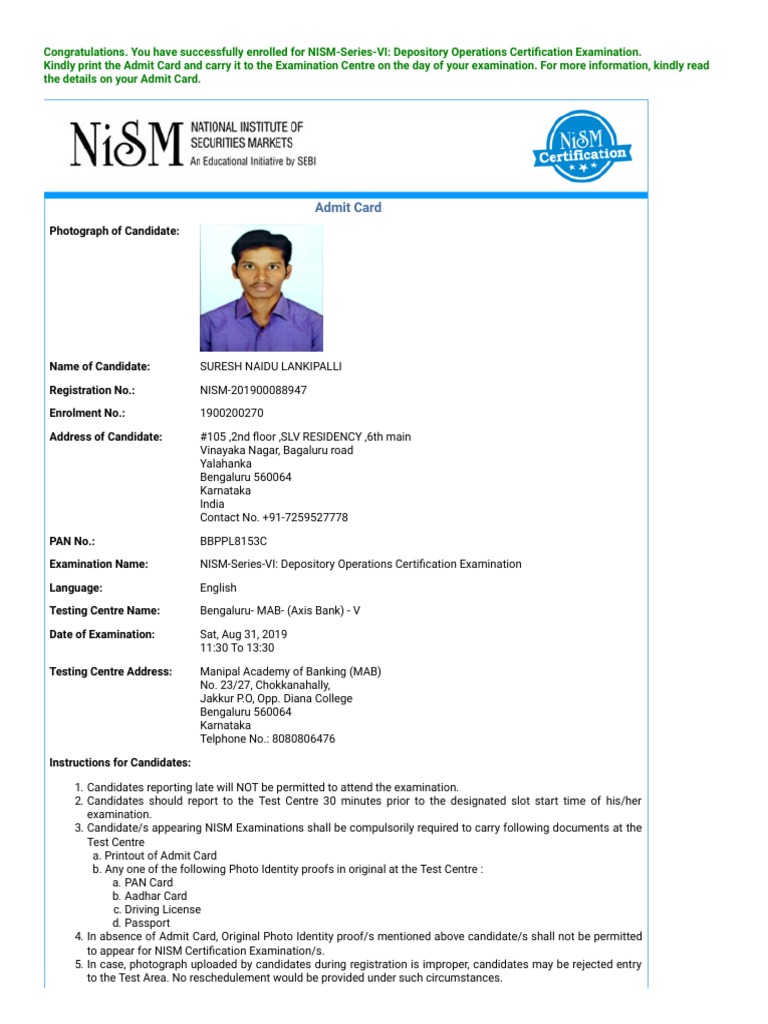 Nism Admit Card | PDF | Test (Assessment) | Computing