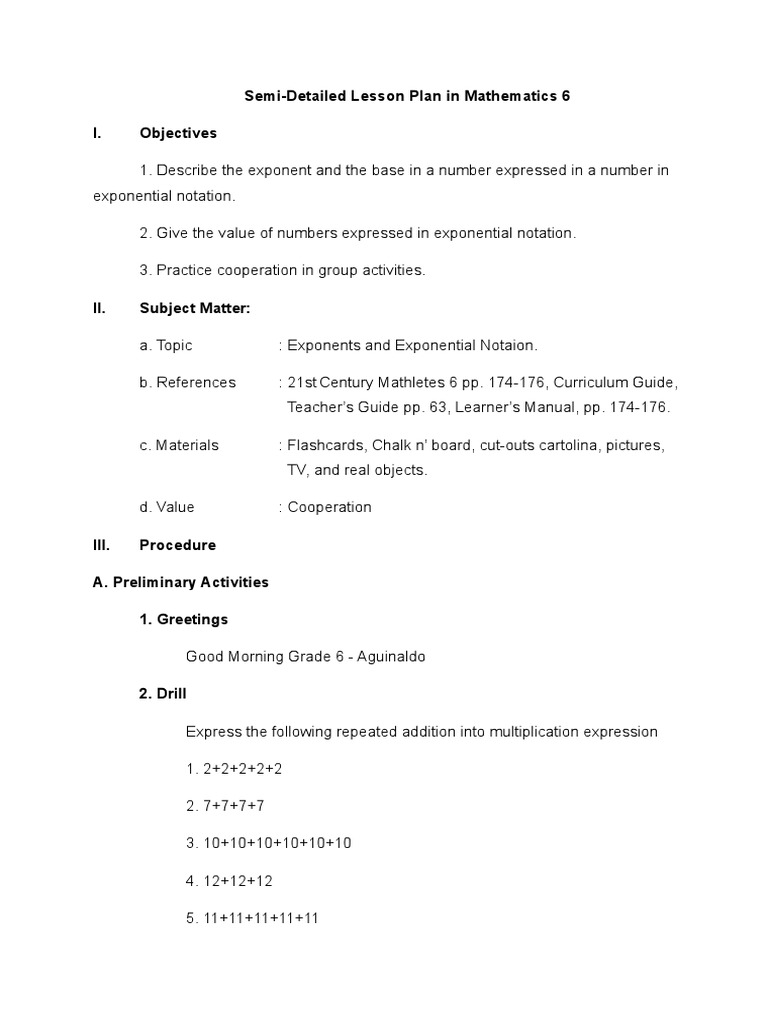 Semi-Detailed Lesson Plan on Exponents and Exponential Notation | PDF ...