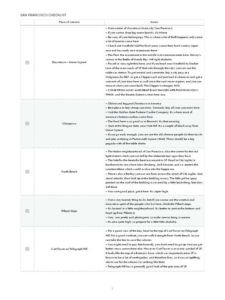 A Checklist of SF's Best Sights | PDF | North Beach, San Francisco ...