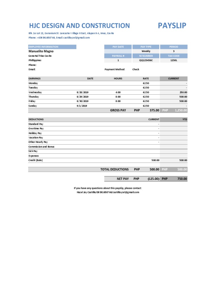 Weekly Payslip for Construction Workers | PDF | Payroll | Taxation In ...