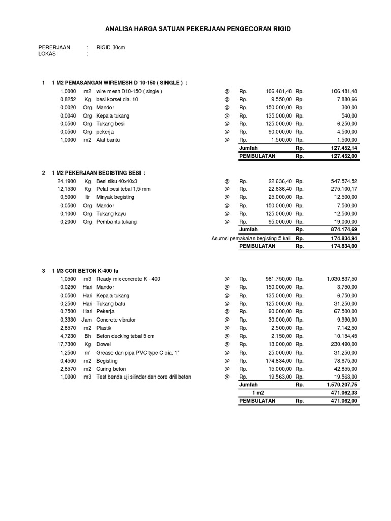 Analisa Pekerjaan Rigid 30cm K-400, K-300 | PDF