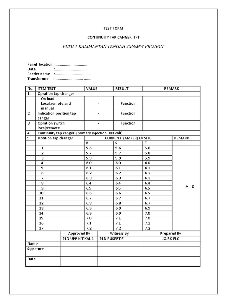 Tap Changer Test Form - PLTU Kalimantan | PDF