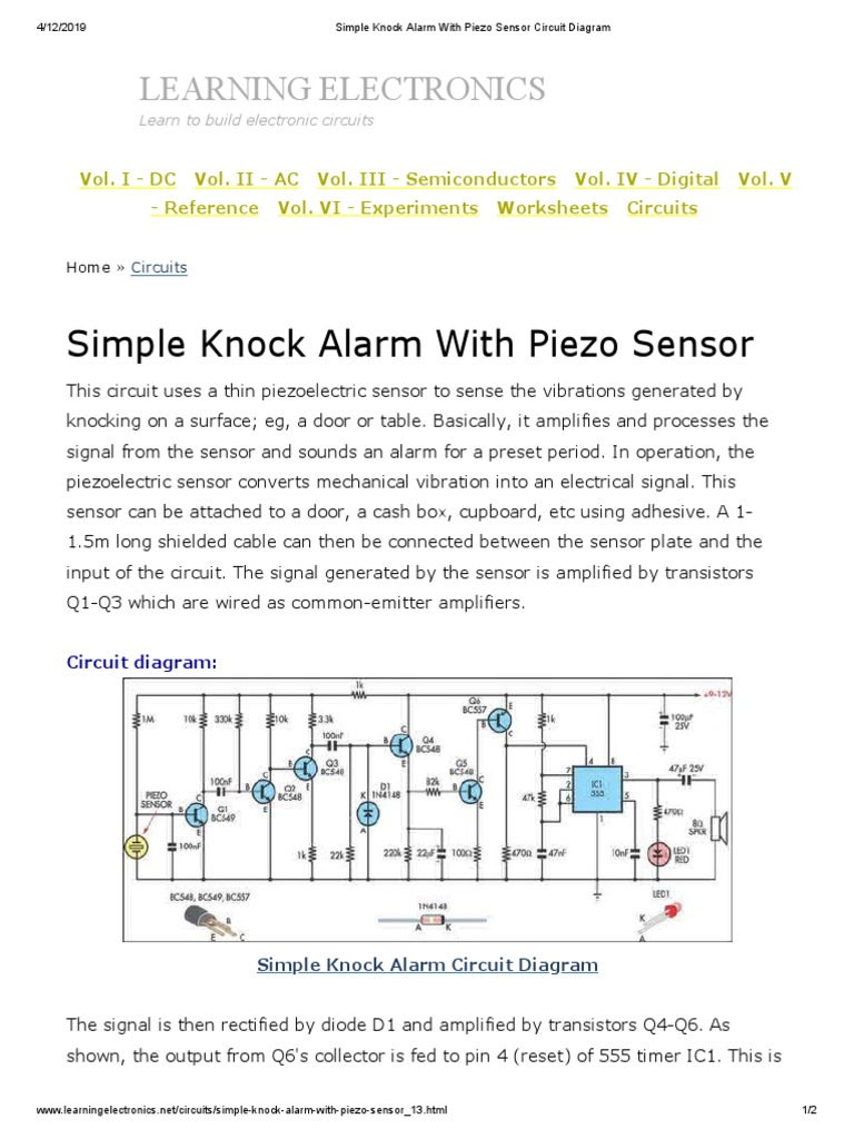 Simple Knock Alarm With Piezo Sensor Circuit Diagram | PDF | Electronic ...